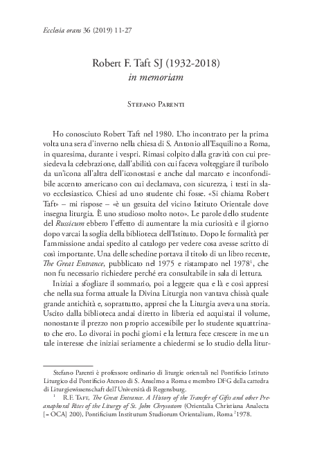 (PDF) Stefano Parenti, Robert F. Taft SJ (1932-2018) in memoriam [abstract]