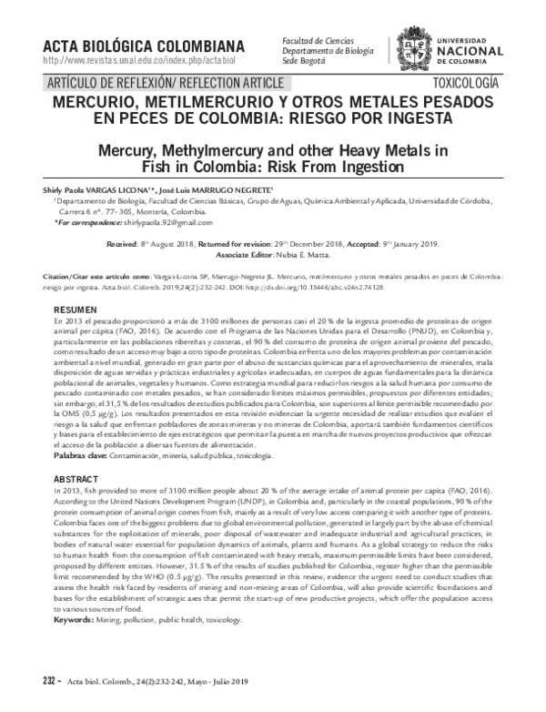 (PDF) MERCURIO, METILMERCURIO Y OTROS METALES PESADOS EN PECES DE ...