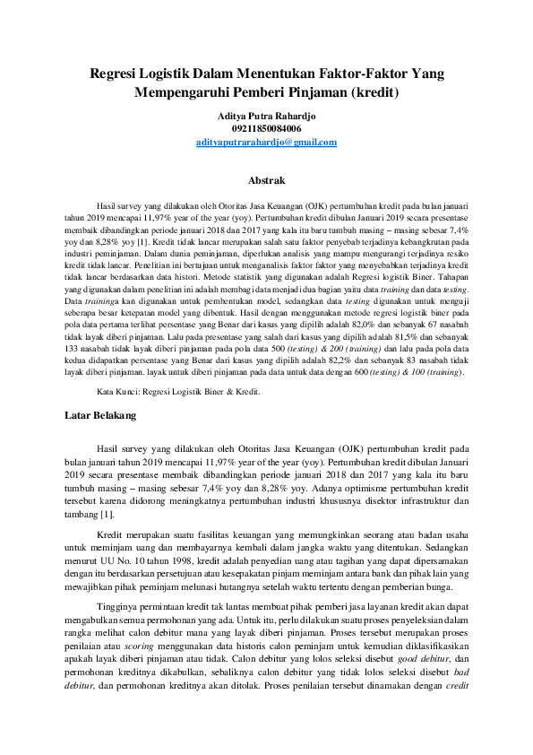 (PDF) Regresi Logistik Dalam Menentukan Faktor-Faktor Yang Mempengaruhi Pemberi Pinjaman (kredit)