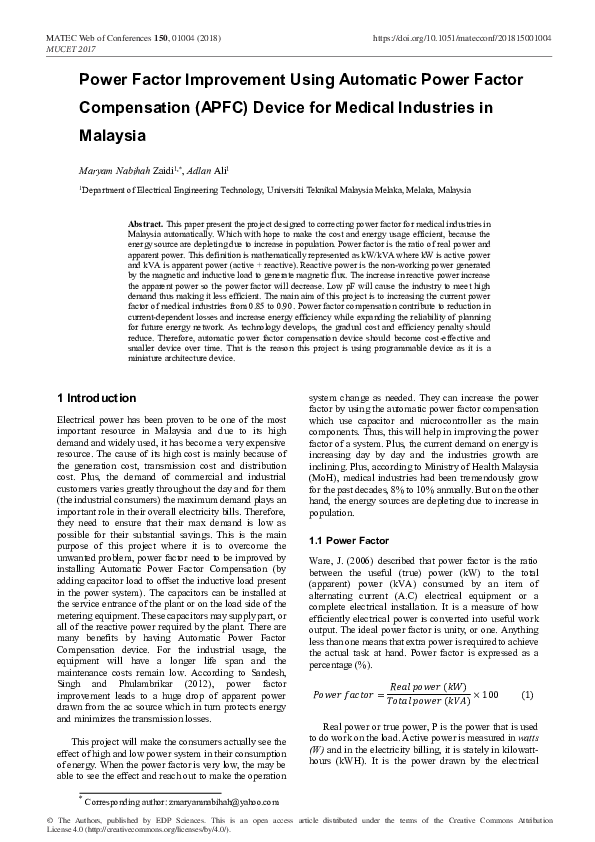 (PDF) Power Factor Improvement Using Automatic Power Factor Compensation (APFC) Device for ...