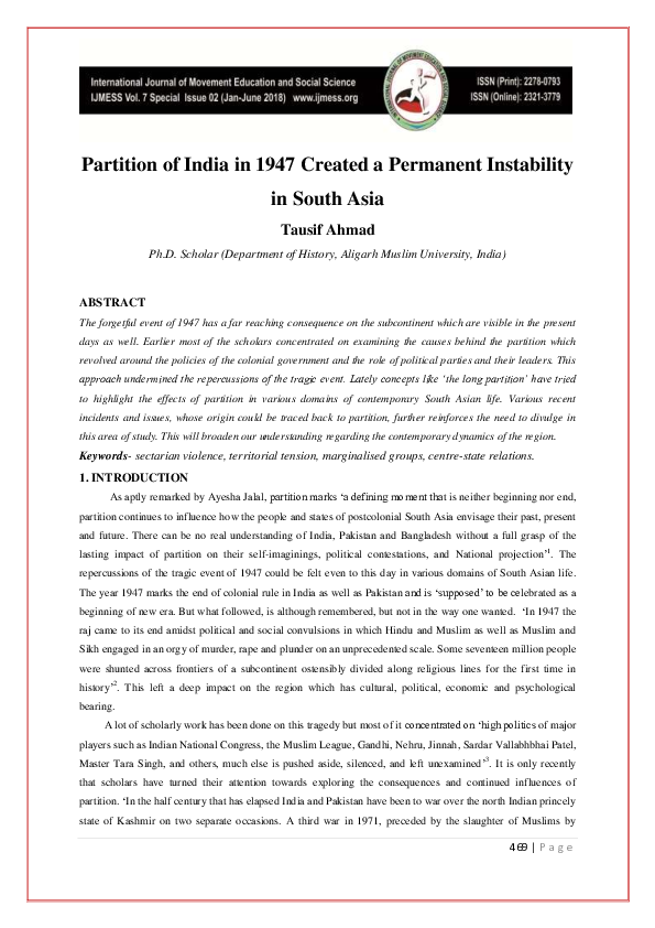 (PDF) Partition of India in 1947 Created a Permanent Instability in ...