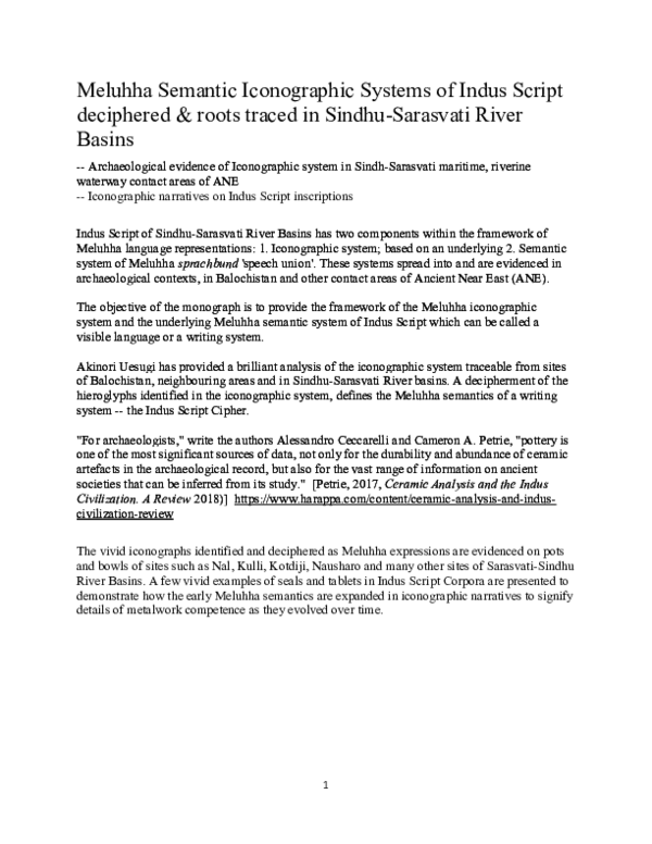 (PDF) Meluhha Semantic Iconographic Systems of Indus Script deciphered ...