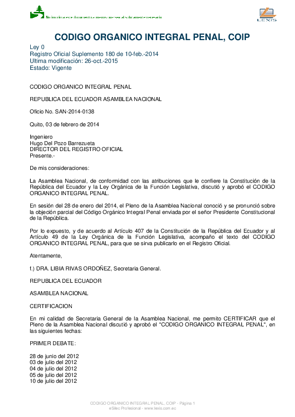 (PDF) CODIGO ORGANICO INTEGRAL PENAL, COIP Estado: Vigente CODIGO ...