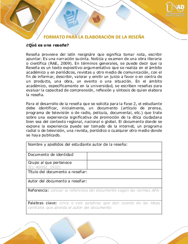 (PDF) FORMATO PARA LA ELABORACIÓN DE LA RESEÑA ¿Qué es una reseña