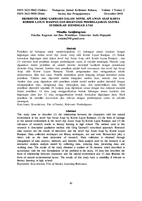 (PDF) EKOKRITIK GREG GARRARD DALAM NOVEL API AWAN ASAP KARYA KORRIE ...