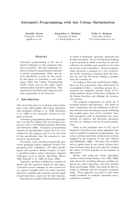 (PDF) Automatic programming with ant colony optimization