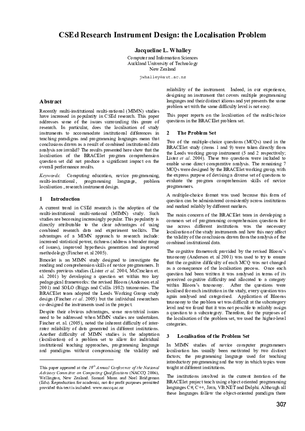 (PDF) CSEd research instrument design: the localisation problem