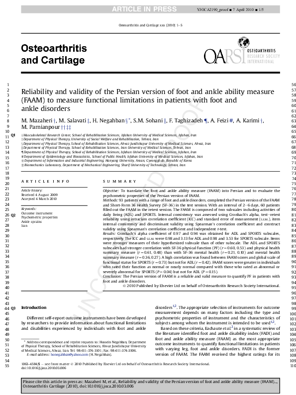 (PDF) Reliability and validity of the Persian version of foot and ankle ...