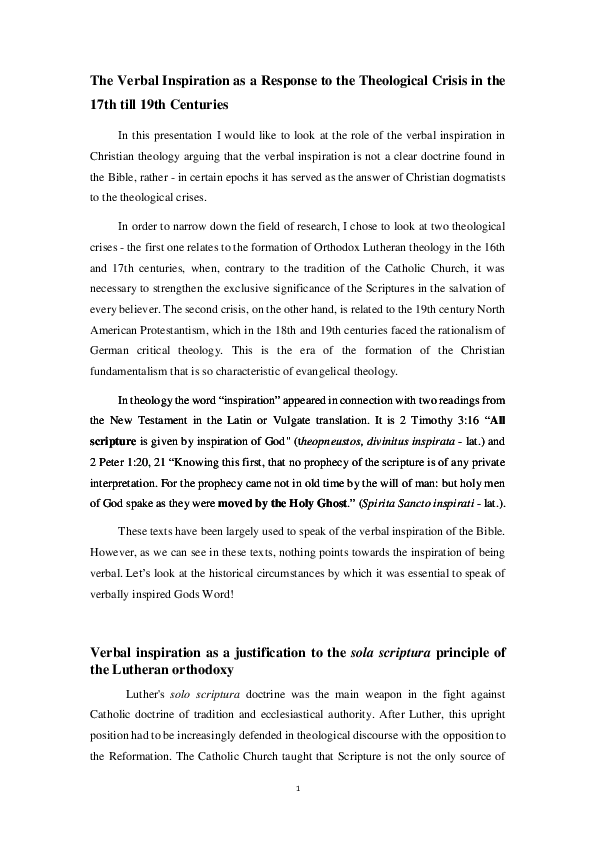 (DOC) Verbal Inspiration as a Response to the Theological Crisis in the ...