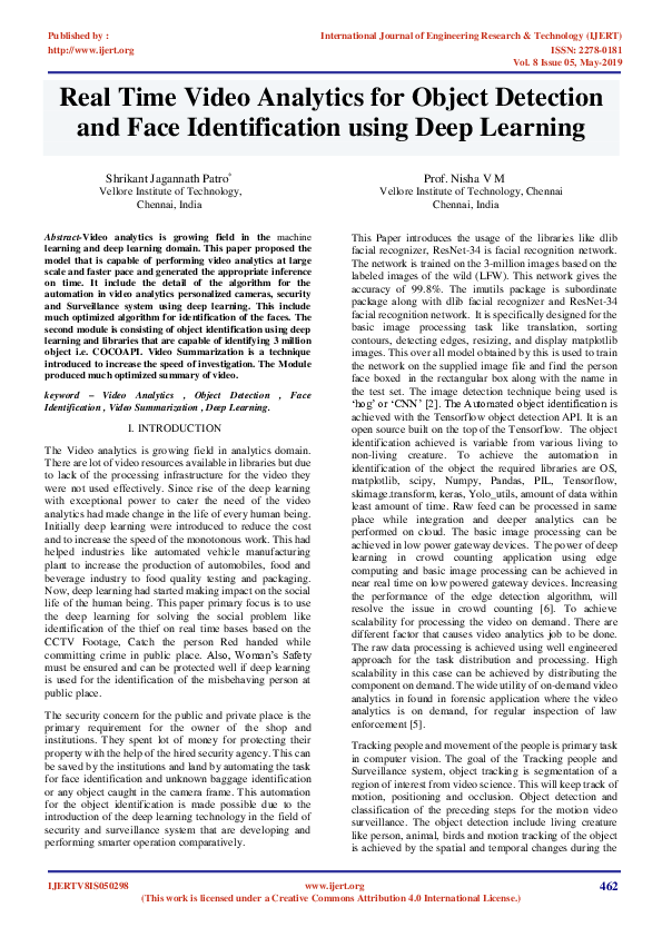 Pdf Ijert Real Time Video Analytics For Object Detection And Face Identification Using Deep