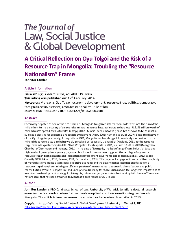 (PDF) A Critical Reflection on Oyu Tolgoi and the Risk of a Resource ...
