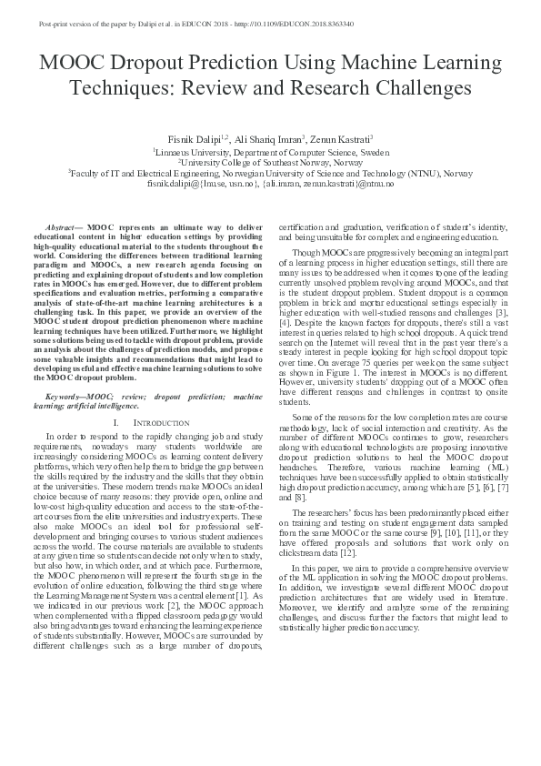 (PDF) MOOC Dropout Prediction Using Machine Learning Techniques: Review and Research Challenges