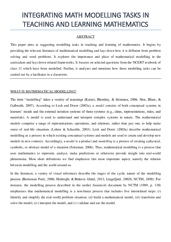 (PDF) INTEGRATING MATH MODELLING TASKS IN TEACHING AND LEARNING MATHEMATICS