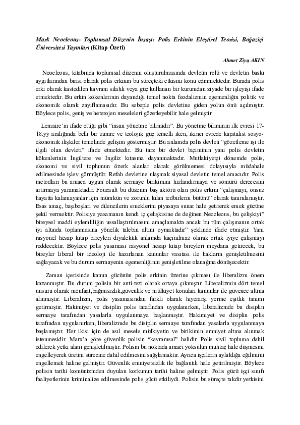(DOC) Mark Neocleous-Toplumsal Düzenin İnşası (Kitap Özeti)