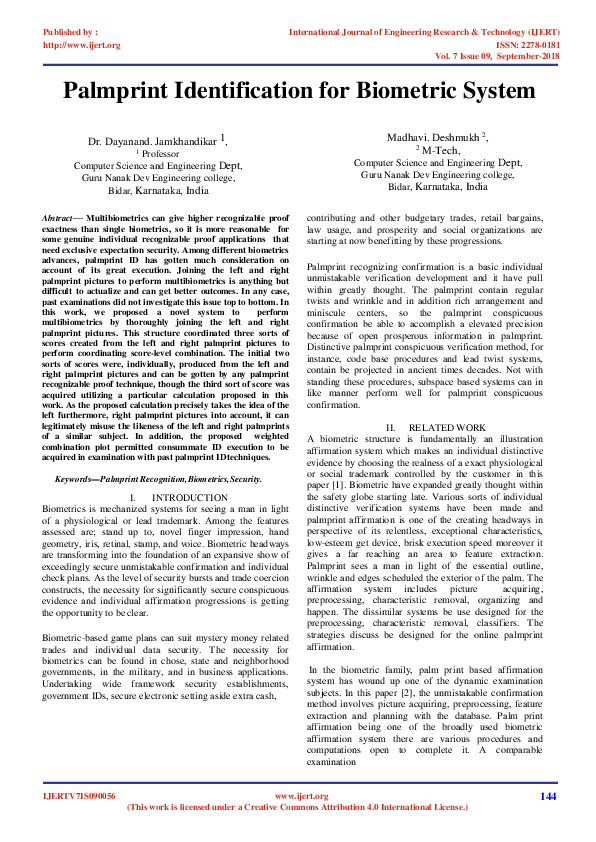 Pdf Ijert Palmprint Identification For Biometric System Ijert Journal 