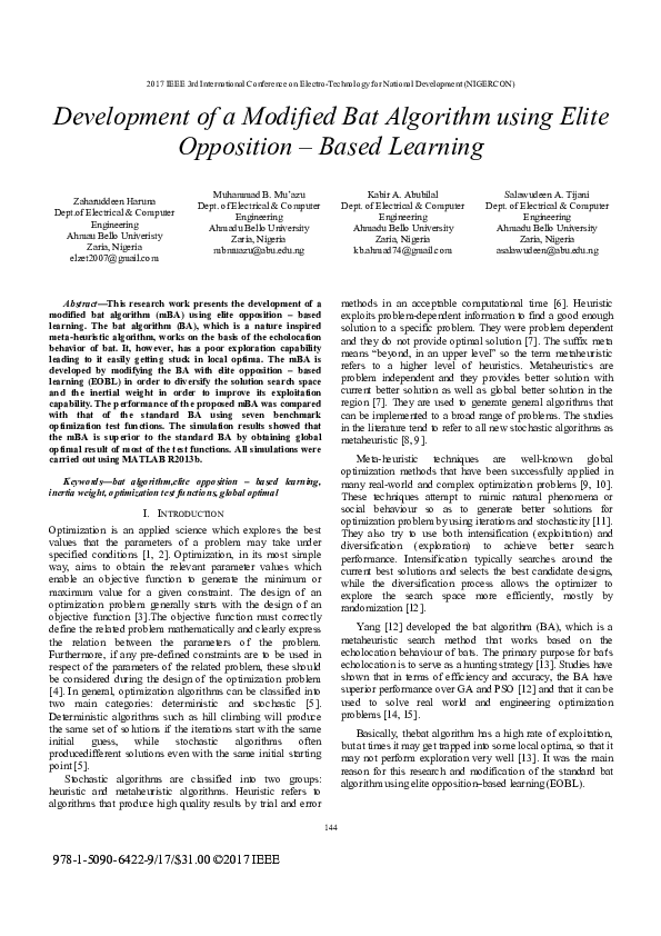 Pdf Development Of A Modified Bat Algorithm Using Elite Opposition