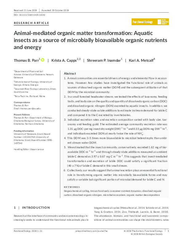 (PDF) Animal-mediated organic matter transformation: Aquatic insects as ...