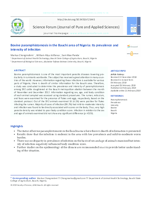 (PDF) Bovine paramphistomosis in the Bauchi area of Nigeria: Its ...