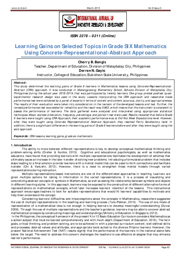 (PDF) Learning Gains on Selected Topics in Grade Six Mathematics Using ...