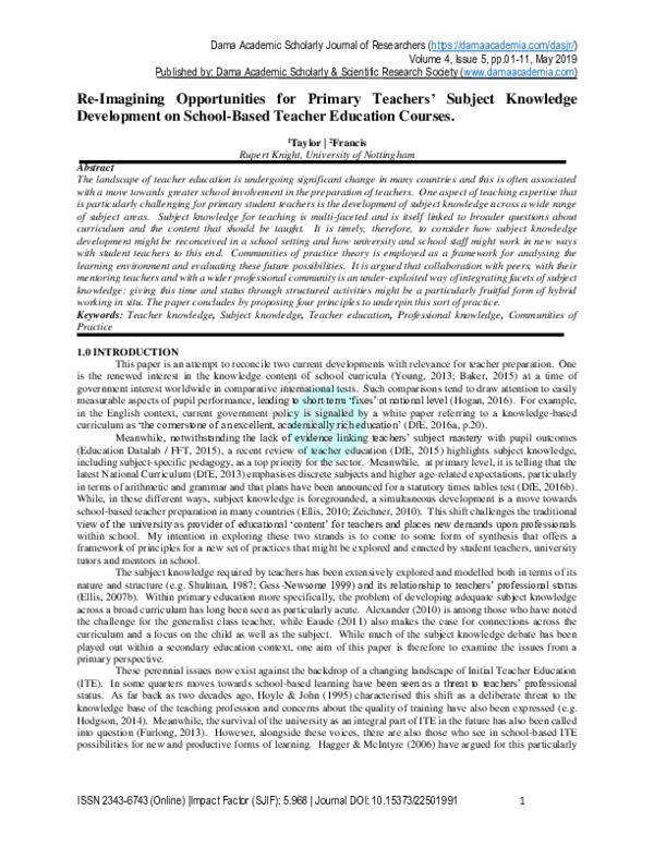 (PDF) Re-Imagining Opportunities for Primary Teachers' Subject ...