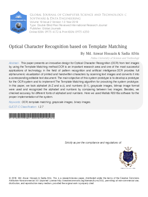 (PDF) Optical Character Recognition based on Template Matching