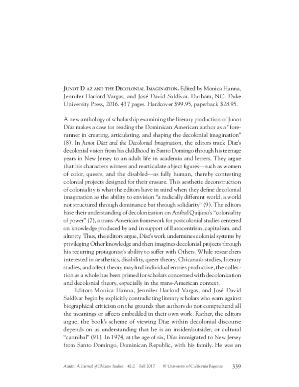 (PDF) "Junot Díaz and the Decolonial Imagination"