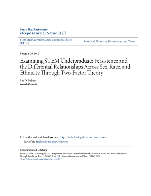 Pdf Examining Stem Undergraduate Persistence And The Differential Relationships Across Sex