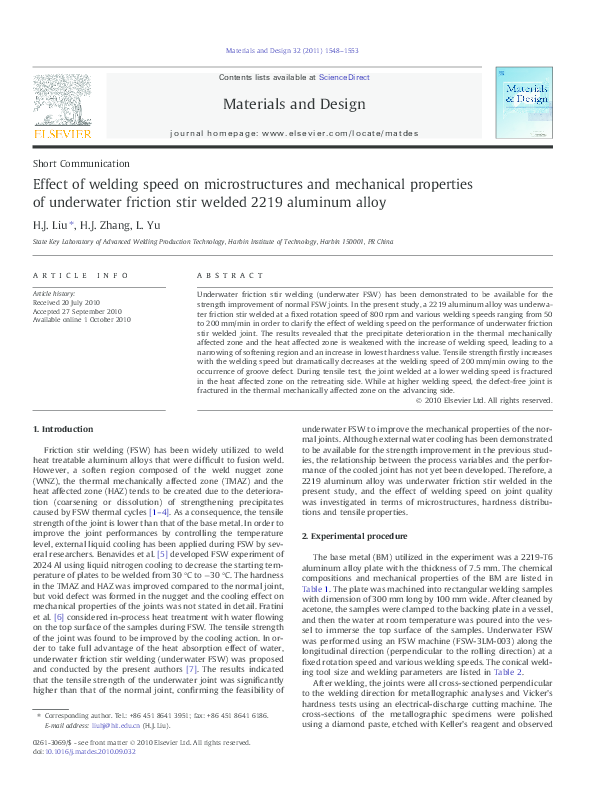 (PDF) Effect of welding speed on microstructures and mechanical properties of underwater ...