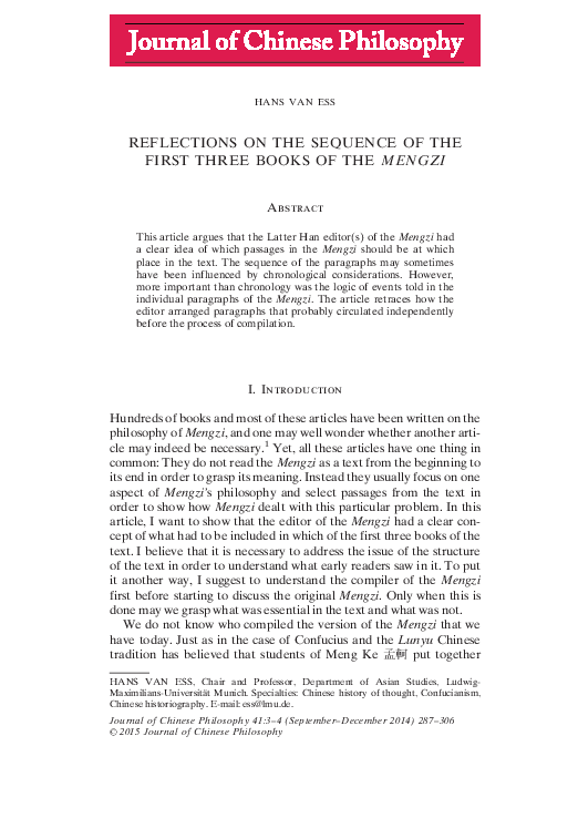 (PDF) REFLECTIONS ON THE SEQUENCE OF THE FIRST THREE BOOKS OF THE MENGZI