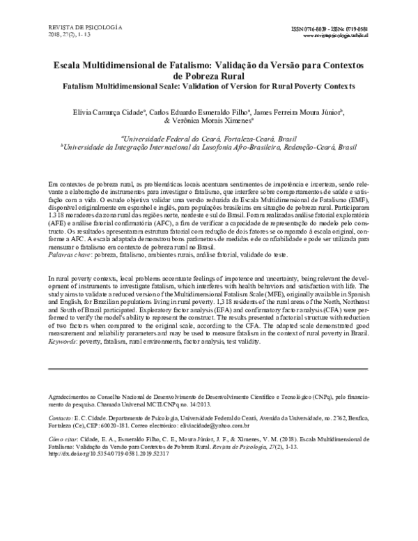 (PDF) Escala Multidimensional de Fatalismo: Validação da Versão para ...