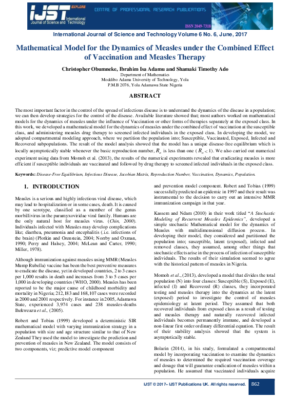 (PDF) Mathematical Model for the Dynamics of Measles under the Combined ...