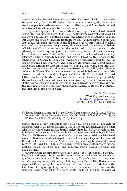 (PDF) Review Essay: ‘Making Refuge: Somali Bantu Refugees and Lewiston ...