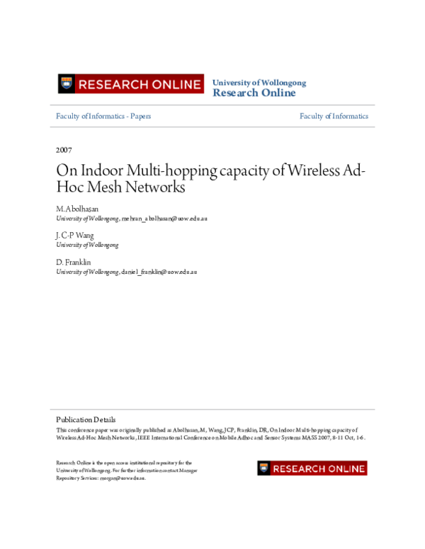 Pdf On Indoor Multi Hopping Capacity Of Wireless Ad Hoc Mesh Networks