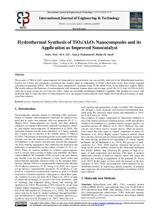 Pdf Hydrothermal Synthesis Of Tio 2 Al 2 O 3 Nanocomposite And Its