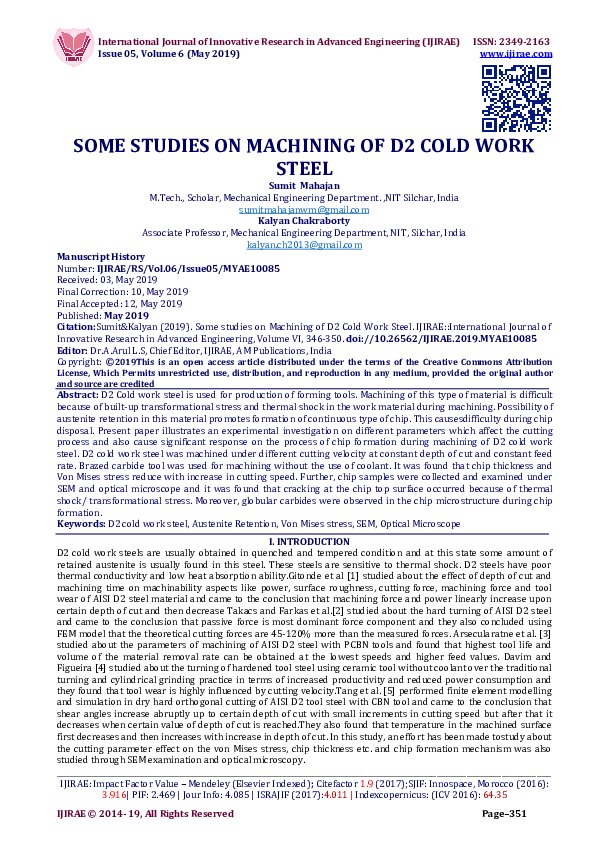 (PDF) SOME STUDIES ON MACHINING OF D2 COLD WORK STEEL