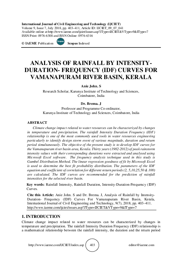 (PDF) Analysis of Rainfall by Intensity-Duration-Frequency (IDF) Curves For Vamanapuram River Basin