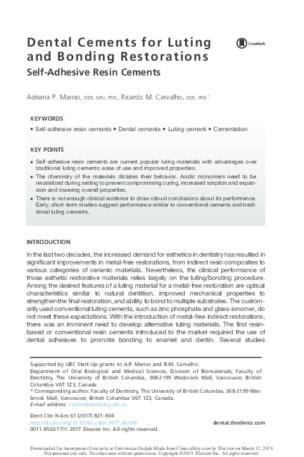(PDF) Dental Cements for Luting and Bonding Restorations Self-Adhesive Resin Cements