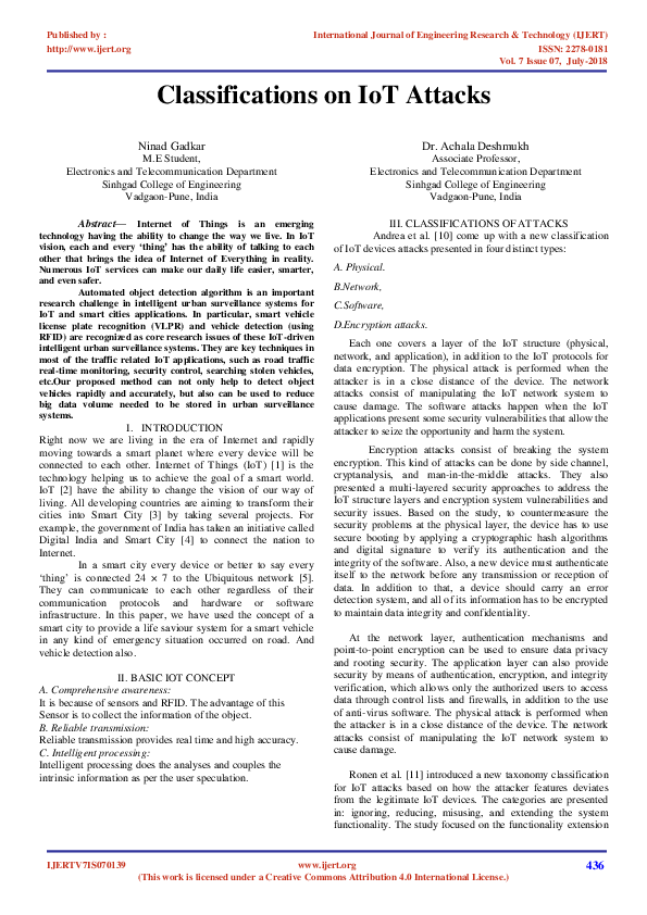 (PDF) IJERT-Classifications on iot attacks | IJERT Journal - Academia.edu