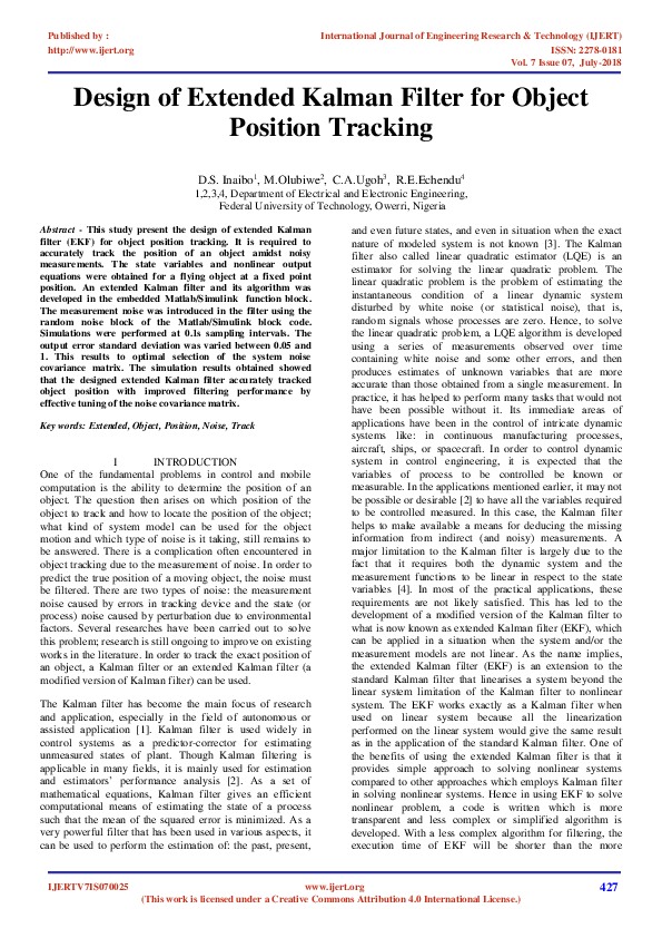 (PDF) IJERT-Design of extended kalman filter for object position tracking