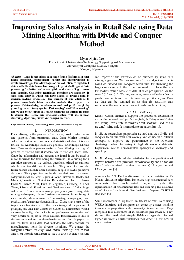 Pdf Ijert Improving Sales Analysis In Retail Sale Using Data Mining Algorithm With Divide And
