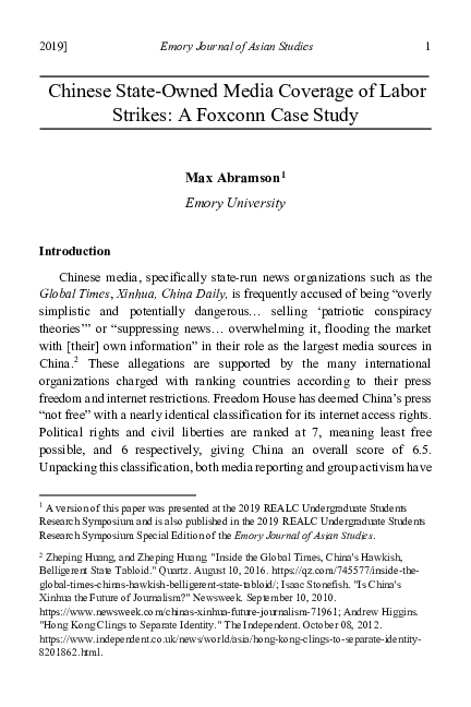 (PDF) Chinese State-Owned Media Coverage of Labor Strikes: A Foxconn ...