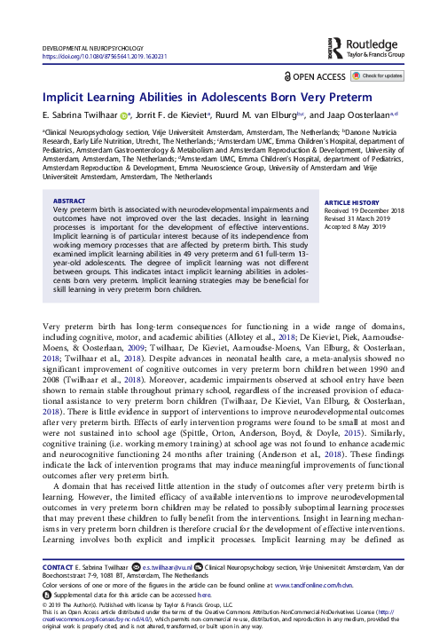 (PDF) Implicit Learning Abilities in Adolescents Born Very Preterm