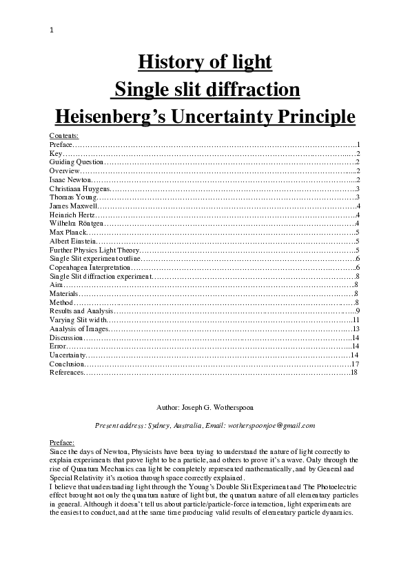 (PDF) History of Light, Single Slit Diffraction, Heisenberg's ...