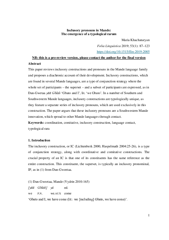 (PDF) 2019. Inclusory pronouns in Mande: The emergence of a typological ...