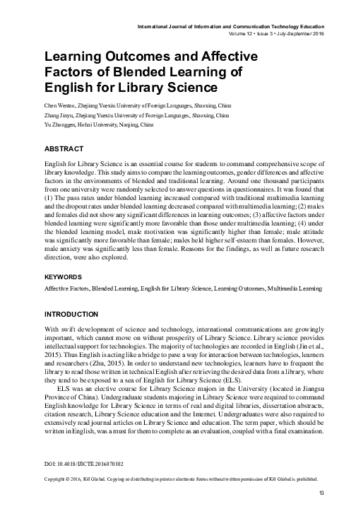 (PDF) Learning Outcomes and Affective Factors of Blended Learning of ...