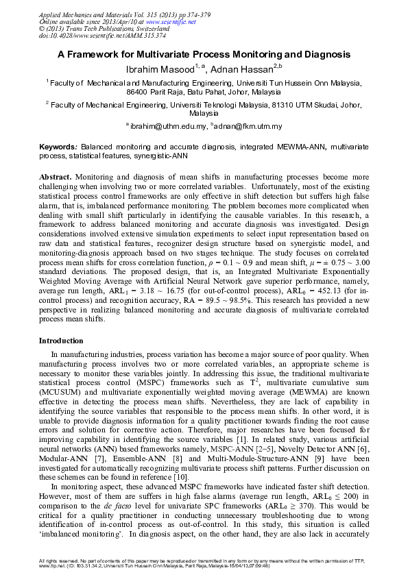 (PDF) A Framework for Multivariate Process Monitoring and Diagnosis