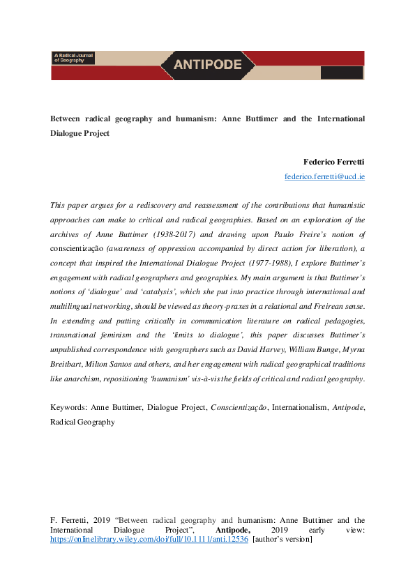 (PDF) Between radical geography and humanism: Anne Buttimer and the ...