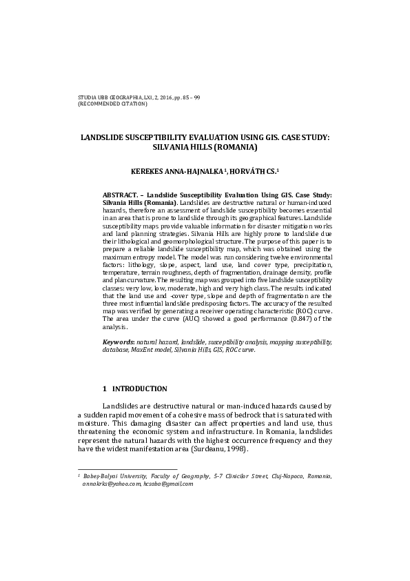 (PDF) LANDSLIDE SUSCEPTIBILITY EVALUATION USING GIS. CASE STUDY: SILVANIA HILLS (ROMANIA