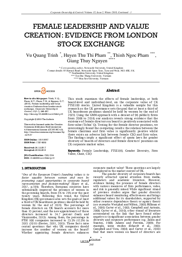 (PDF) FEMALE LEADERSHIP AND VALUE CREATION: EVIDENCE FROM LONDON STOCK ...