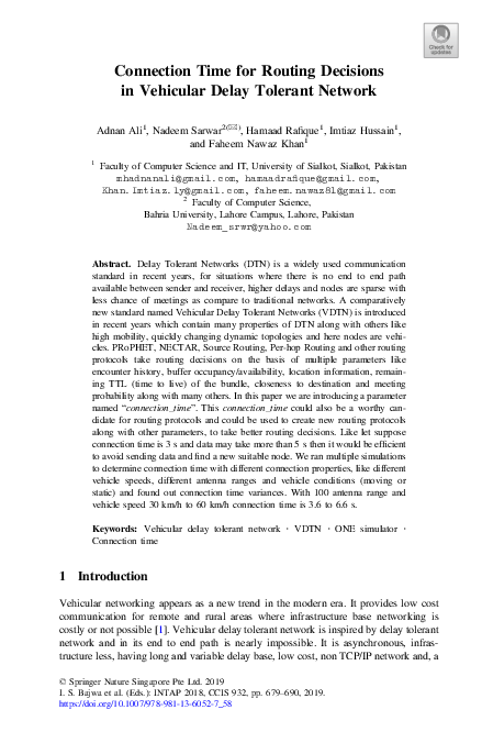 (PDF) Connection Time for Routing Decisions in Vehicular Delay Tolerant Network